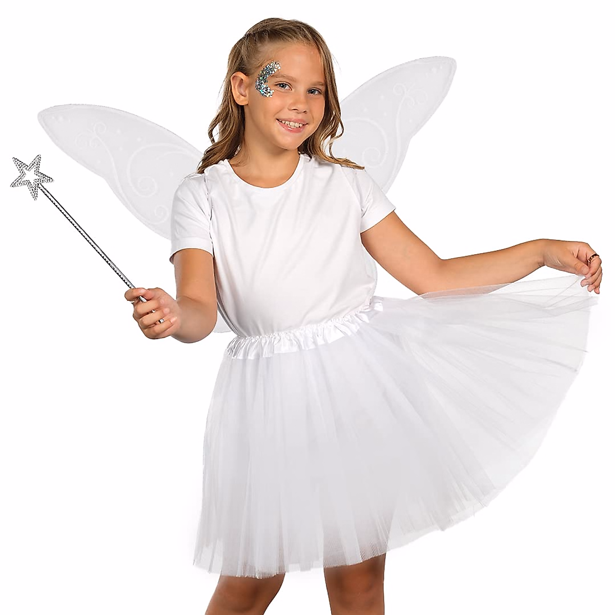 Funcredible Fairy Costume Accessories - White Fairy Wings and Fairy Star Wand, Glitter - Tooth Fairy Cosplay Outfit for Women and Girls