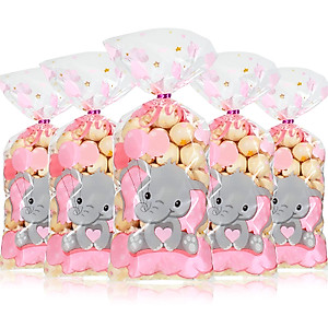 100 Pieces Baby Shower Cellophane Treat Bags Cute Candy Bags Baby Shower Favors Gender Reveal Plastic Goodie Storage Bags with 100 Twist Ties for Baby Shower Birthday Party Supplies (Pink)