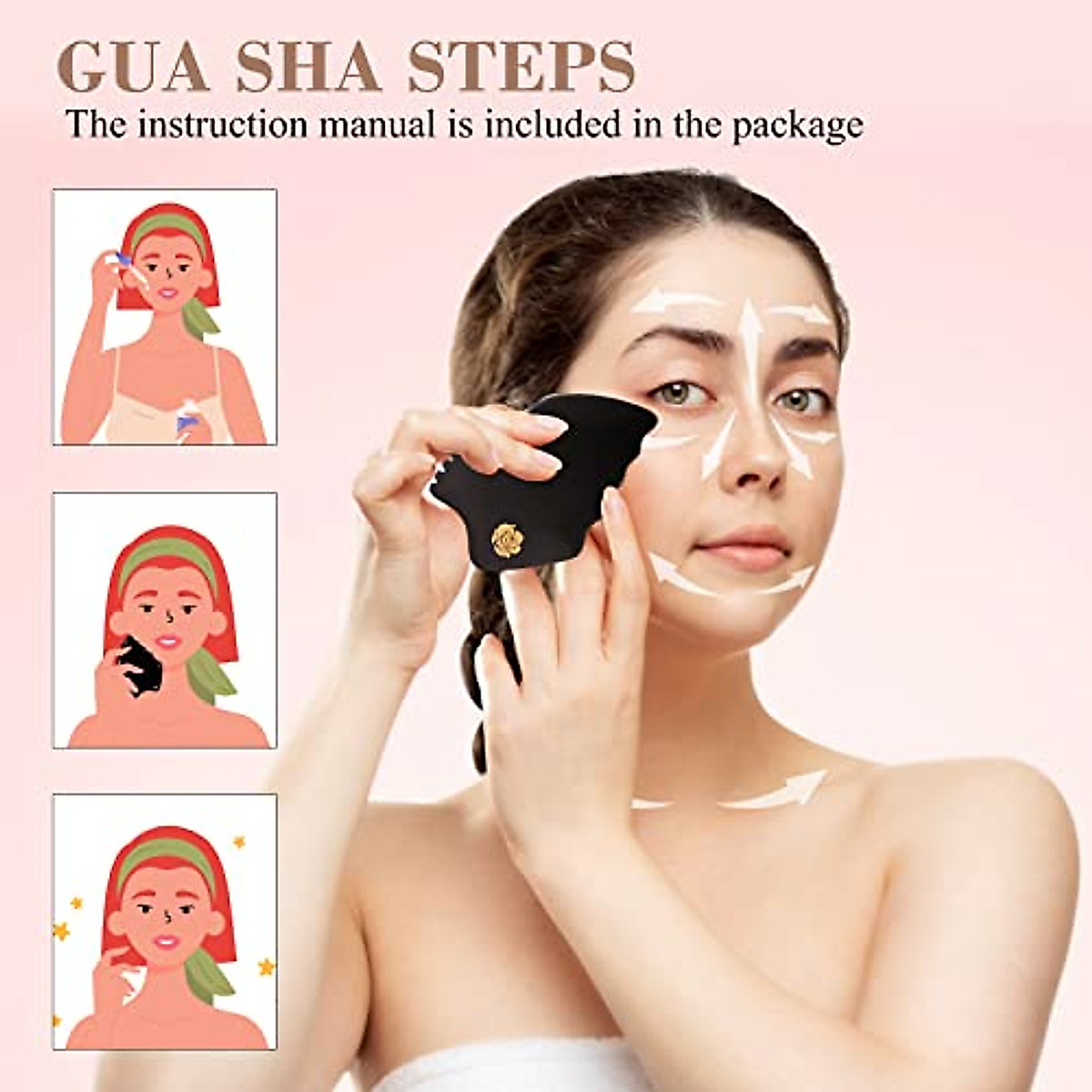 Contrybox Gua Sha Facial Tools, Natural Bian Stone Guasha Tool for Face & Puffiness Reducing, Gua Sha Stone Facial & Body Massage, Premium Face Stone Gua Sha Tools for Women Skincare, Black