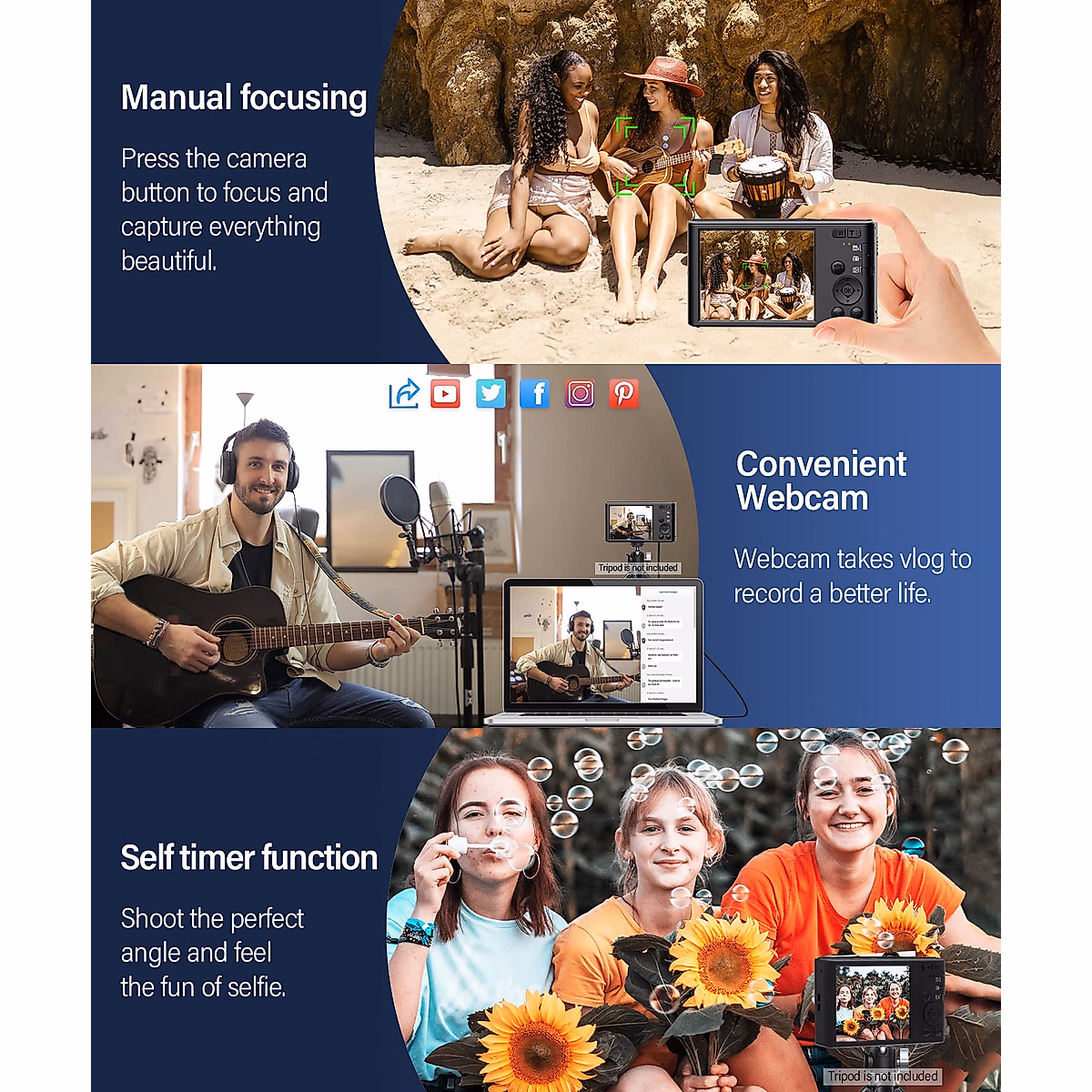 Digital Camera, Kids Camera with 32GB Card FHD 1080P 44MP Vlogging LCD Screen 16X Zoom Compact Portable Mini Rechargeable Gifts for Students Teens Adults Girls Boys