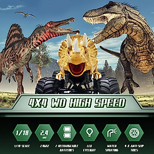 Pamopamo RC Monster RC Cars 1:18 Triceratops Dinosaur Racing Car Remote Control Car with Music,Led Lights,Spray Mist,Roaring Sound,4WD 2.4 GHz RC Monster Truck for Boys Girls Christmas