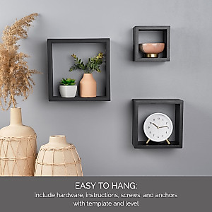 Melannco Floating Wall Square Cube Shelves for Bedroom, Living Room, Bathroom, Kitchen - Wood, Set of 3, Black