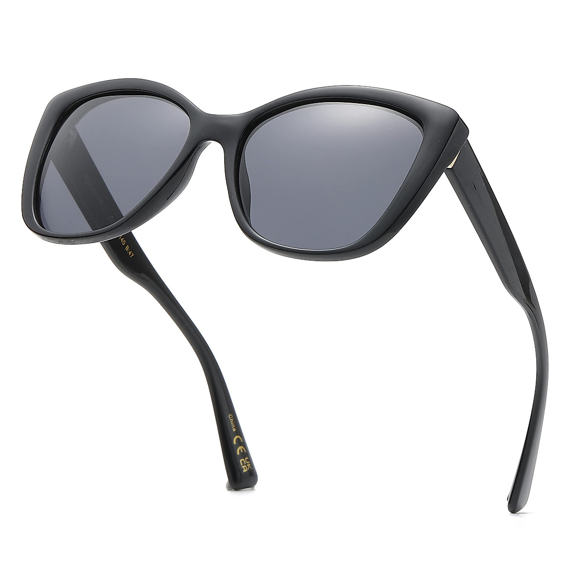 Be One Women Cat Eye Fashion Sunglasses - Polarized UV400 Classic Retro C1 Black Frame + Black Lens