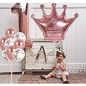 KUNGOON 1st Birthday Balloon,Rose Gold Number 1 Mylar Balloon,Funny Sweet 1st Birthday Crown Aluminum Foil Balloon Decoration for baby girl.