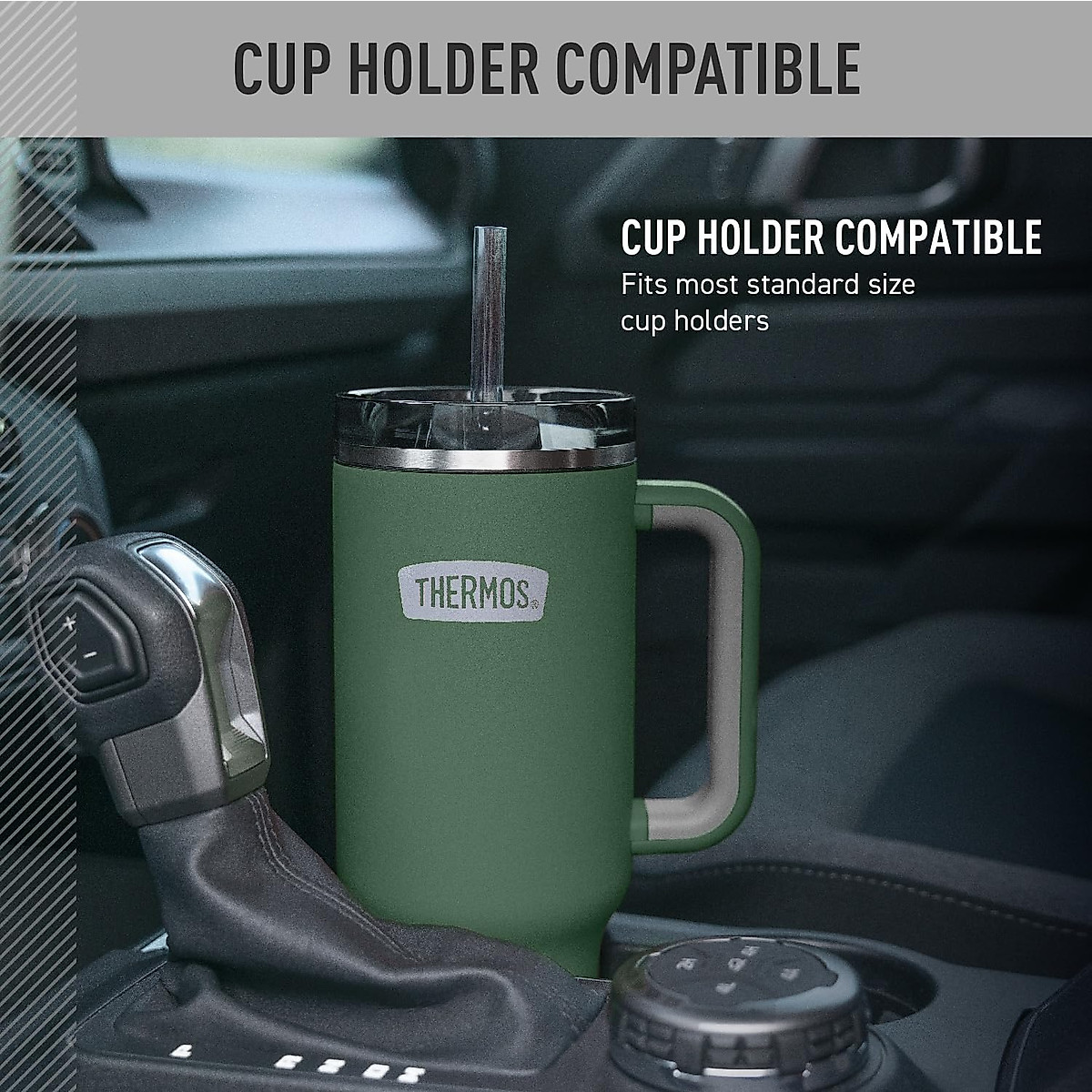 THERMOS Stainless Steel Cup Holder Mug - 40 Ounce, Alpine Green - Insulated Tumbler with Lid and Straw, Plus Leak-Resistant Slide Lock