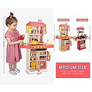 Kids Kitchen Playset, All in One Kids Kitchen Playset 50+ Pcs 31" Pretend Toy Kitchen W/Realistic Light Sound Spray Water Simulation Sink Faucet Food Utensils Play Kitchen for Kids Ages 2-8