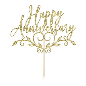 Sodasos Glitter Happy Anniversary Cake Topper,Wedding Anniversary Cake Toppers, Happy Anniversary Party Decorating supplies (gold)