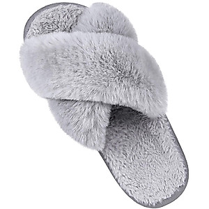 Comwarm Women's Cross Band Fuzzy Slippers Fluffy Open Toe House Slippers Cozy Plush Bedroom Shoes Indoor Outdoor, Grey Size 7-8