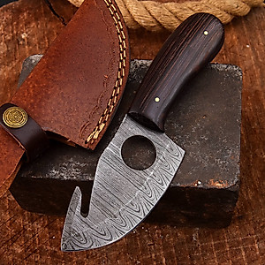 EDC Damascus – Skinner Knife - Skinning Knife with Gut Hook – Gutting Knife for Deer – Skinning Knives for Hunting Deer with Leather Sheath 8” (BLACK)”