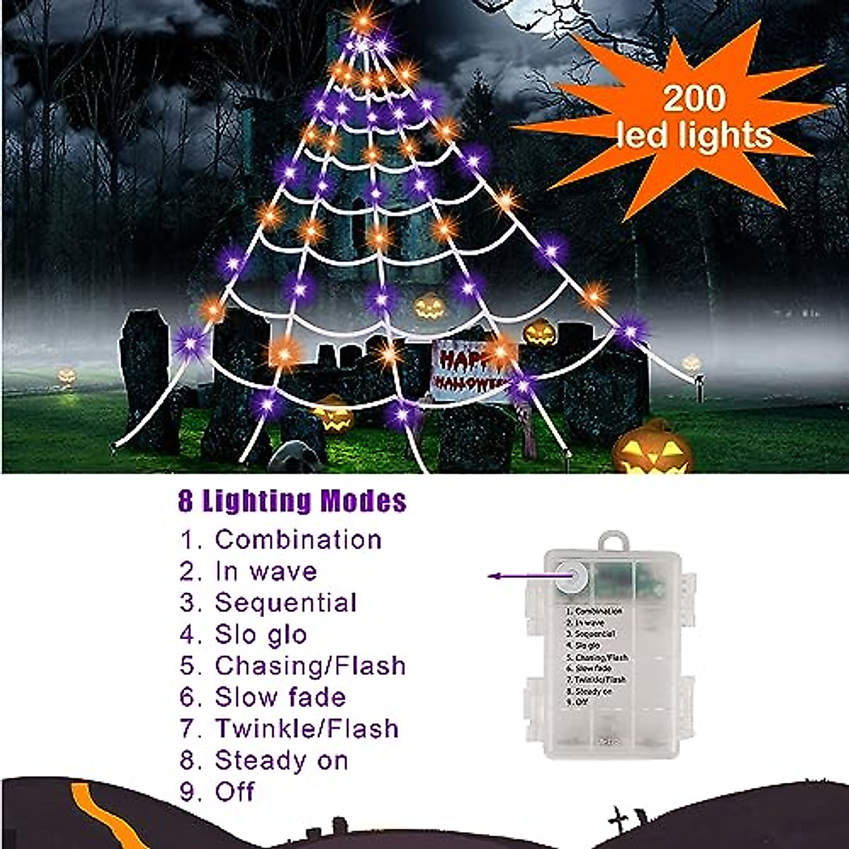 Joliyoou 200 LED 19.7ft x 16.4ft Halloween Spiderweb with Orange and Purple Lights, 8 Modes Remote Controlled Cobweb for Indoor Outdoor Spooky Party Decoration