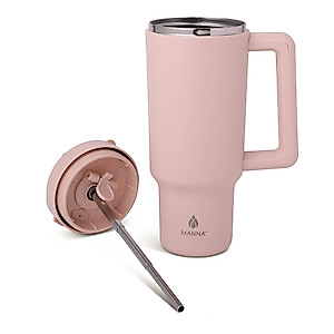 Manna Stainless Steel Double Wall Insulated Tumbler with Smart Seal Dual Sip Lid and Straw Fit Handle - 40 Oz - Rose Quartz Powder Coat
