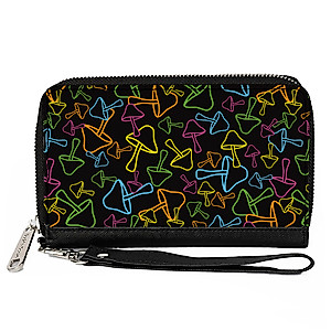 Buckle-Down Wallet, Zip Around, Mushroom Outlines Scattered Black Multi Neon, Vegan Leather