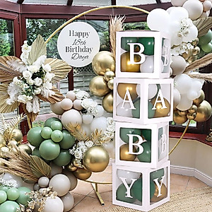 82 PCS Baby Shower Decorations for Boy Girl Kit - Transparent Baby Block Balloon Box Includes BABY, Alphabet Letters White Sage Green Gold Balloons, Gender Reveal Decor, Birthday Party Backdrop