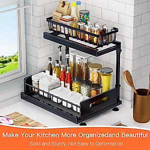 2 Packs Under Sink Organizer, 2 Tier Under Sink Organizers and Storage,Slide Out Pull Out Kitchen Cabinet Organizer,Sliding Drawer Metal Height Adjustable Shelf for Bathroom Organization Rack