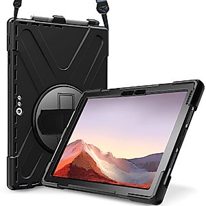 ProCase Surface Pro 7 Plus/Pro 7 / Pro 6 / Pro 5 / Pro 4 / Pro LTE Case, Full Body Protective Case, 360 Degree Rotatable Heavy-Duty Cover with Hand Strap, Shoulder Belt and Kickstand -Black
