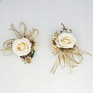 Cileruide Beige Rose Wrist Flower Corsage & Boutonniere Set for Wedding Bride Bridesmaid Groom Groomsmen Parents Suit Lapel Pin Button Hole Flower for Prom Homecoming, Tea Party, Formal Dinner