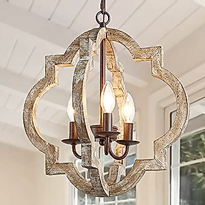 GEPOW Farmhouse Orb Chandelier, Pendant Lighting in Handmade Wood Finish, Globe Light Fixture for Kitchen Island, Dining & Living Room, Foyer and Bedroom