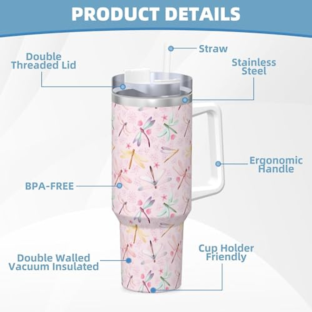 HULIBIN Hand painted dragonfly Print Double Deck Stainless Steel Travel Coffee Cup With Lid 40 Oz Ice Bully Cup