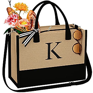 TOPEAST Jute Beach Tote Bag with Zipper and Pocket, Personalized Gifts for Mom,18th Birthday Gifts Initial Embroidery Gifts Tote Bags for Women Teacher Appreciation Gifts Bridal Shower Gift Letter K