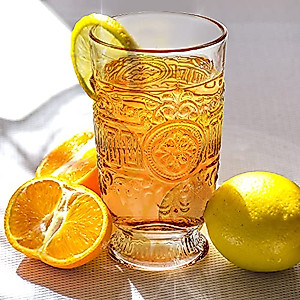 Hacaroa Set of 4 Vintage Embossed Drinking Glasses Short Stem Water Glassware, 11 Oz Clear Stemmed Highball Glass Beverage Cup, Romantic Footed Wiskey Glasses for Juice, Beer, Party, Bar