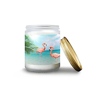 susiyo Frosted Glass Candle Cup Soy Wax Candles, Vanilla Scented Candle - Summer Flamingos Stand in Blue Sea