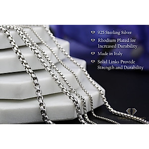 Giorgio Bergamo 925 Sterling Silver Italian 2.5mm Round Box Chain, Solid Rolo Link Rhodium Necklace, (20)