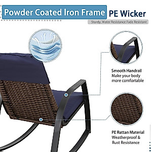 ARTLOFT 3 Piece Rocking Bistro Set Wicker Patio Outdoor Furniture Porch Chairs Conversation Sets with Coffee Table for Balcony, Garden, Backyard (Blue)