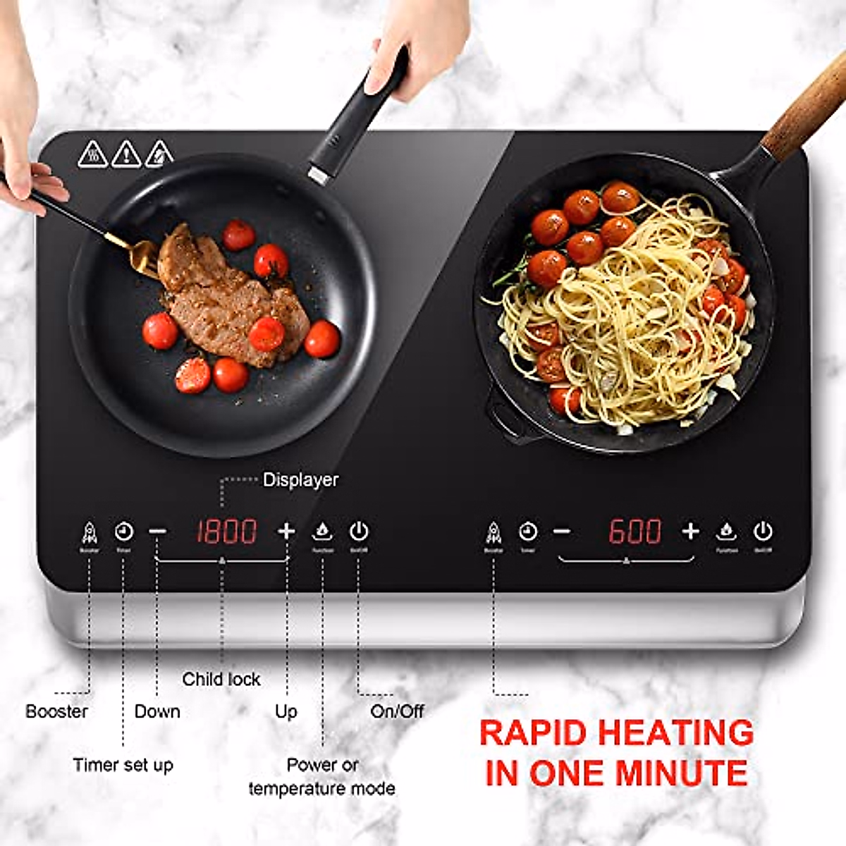 COOKTRON Double Induction Cooktop Burner with Fast Warm-Up Mode, 1800w 2 Induction Burner with 10 Temperature 9 Power Settings, Portable Dual Induction Cooker Cooktop with Child Safety Lock & Time