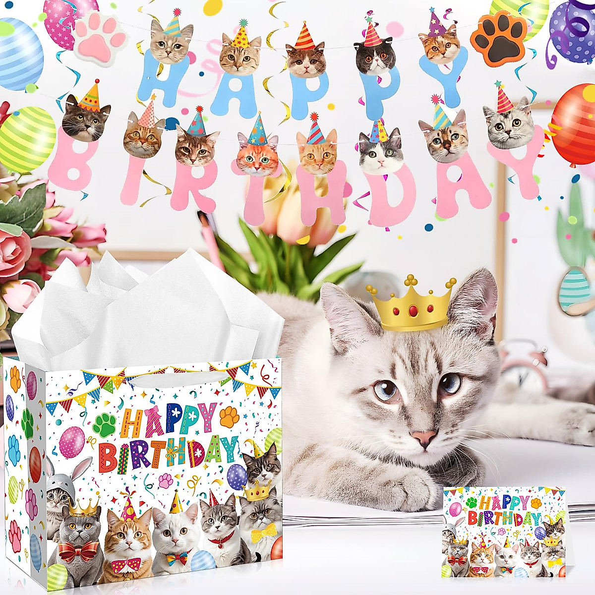 Cat Birthday Gift Bag Cat Birthday Decorations Pet Birthday Supplies with Cat Wrapping Paper and Greeting Card Meow Birthday Party Decorations for Kids Baby Shower Birthday Christmas Decorations Party Supplies