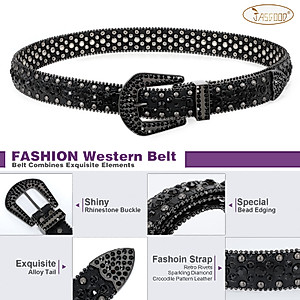 JASGOOD Cowboy Cowgirl Rhinestone Belt for Jeans, Men and Women Crocodile Grain Leather Studded Belt, E-Black, Suit Pants Size 33"-38"