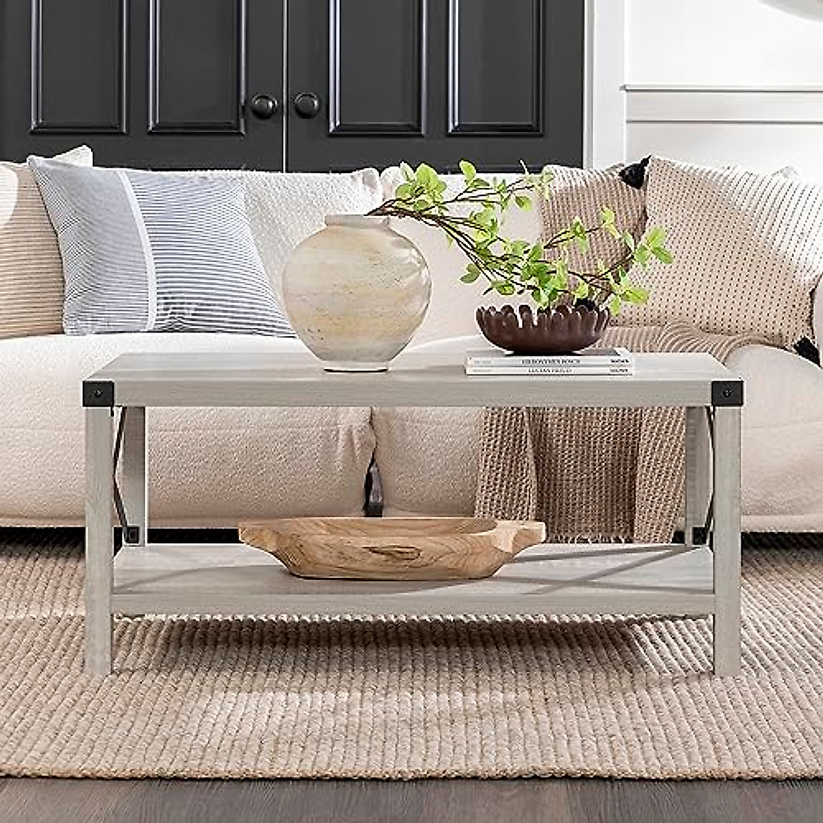Walker Edison Sedalia Modern Farmhouse Metal X Coffee Table, 40 Inch, Stone Grey
