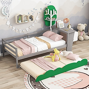 Lifeand Twin Size Wooden Daybed with Desk, Green Tree Shape Shelves and Trundle, Gray