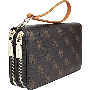 B BRENTANO Vegan Double-Zipper Wallet Clutch with Removable Wrist Strap (MB - Brown)