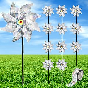 12Pack Pinwheels for Yard and Garden, Reflective Pinwheels to Scare Birds Away, Sparkly Sliver Pin Wheels with Bird Scare Tape for Outside (Pack of 12)