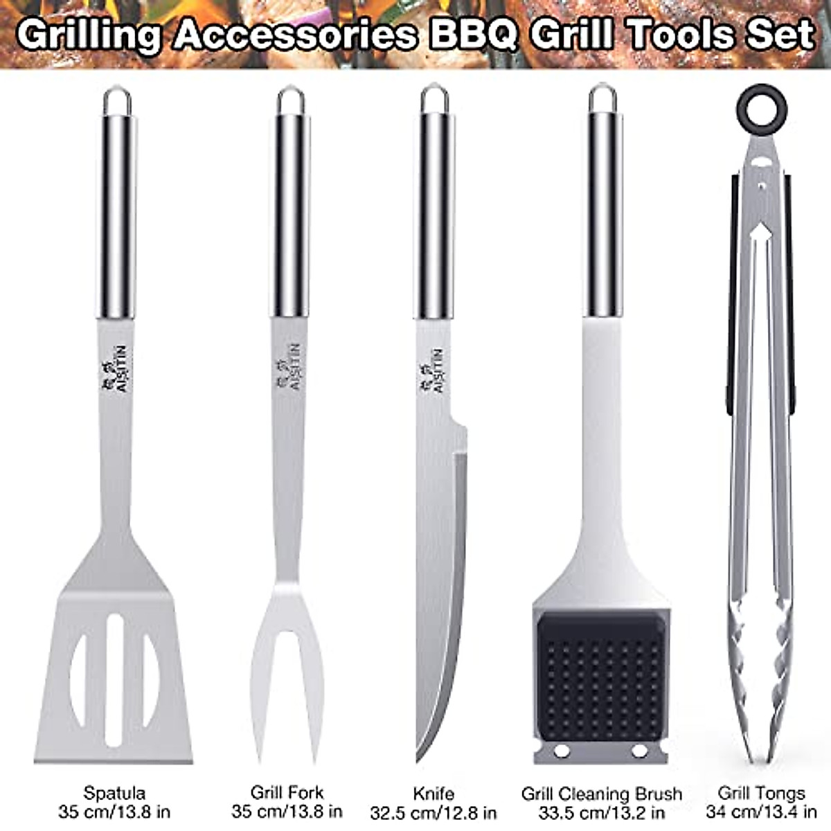 AISITIN 5 PCS Grill Accessories BBQ Set, Stainless Steel BBQ Grill Tools with Sturdy Spatula, Grilling Tongs, Fork and Brush, Ideal Grill Set for Outdoor Indoor Grill