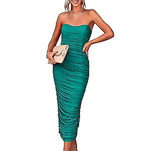ANRABESS Women Ruched Bodycon Dress 2023 Summer Sexy Strapless Sleeveless Slit Party Cocktail Club Night Dresses Elagant Wedding Guest Evening Graduation Prom Dress 883huqing-M Lake Green