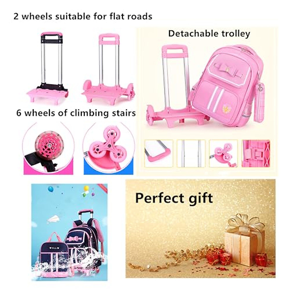 ZHANAO Rolling Trolley Bag Wheeled Backpack Bowknot for Girls Primary Schoolbag 3Pcs with Crossbody Bag Pencil Case