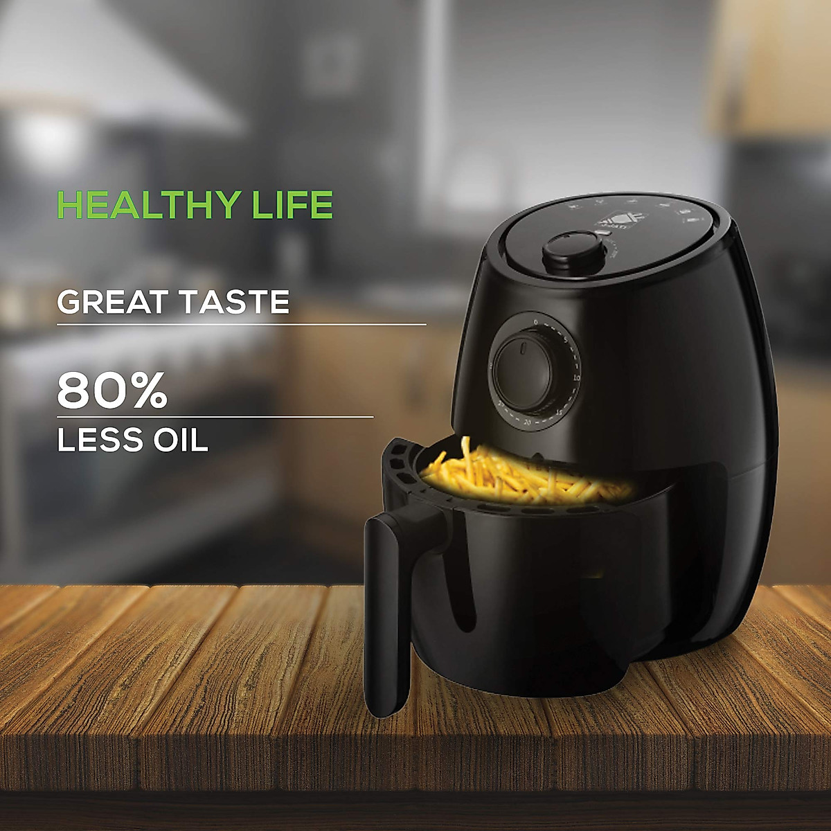 J-Jati Air Fryer Cool Touch Housing Dial/Digital Hot Air Healthy Frying Oil-Free AirFryer Auto Shutoff, Dishwasher safe parts, Space Saving Black (2.0L)