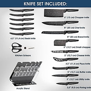 Knife Set, 17 Pcs Kitchen Knife Set, Chef Knife Block Set, German Stainless Steel Cooking Knife Set & Acrylic Stand, Kitchen Scissors, 6 Steak Knives