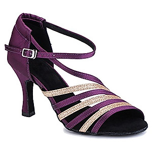 TDA Women's JFA1118 Ankle Strap Buckle Peep Toe Fashion Purple Satin Salsa Tango Ballroom Latin Modern Dance Wedding Shoes 7 M US
