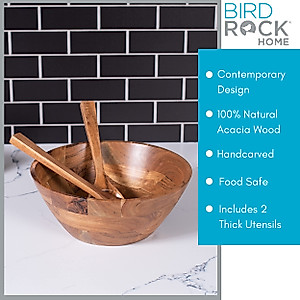 BIRDROCK HOME 3 Piece Wooden Salad Serving Bowl and Utensils | Acacia Wood Server Set | Salad, Fruit or Side Hands | Large
