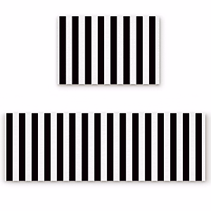 Black White Stripes Kitchen Rugs and Mats Set of 2, Washable Floor Doormat Comfort Area Runner Rug Non-Slip Rubber Backing for Indoor Classic Modern Striped