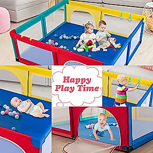 INFANS Baby Playpen Extra Large, Portable Play Yard with Mat, Zipper Gates, Suction Cups, 50 Ocean Balls, 4 Pull up Rings, Breathable Mesh Walls, Indoor Outdoor Toddlers (Rainbow)