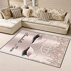 Personalized Rose Gold Eyelash Area Rug with Name Custom Non-Slip Carpets Floor Mat for Bedroom Living Room Home Decoration 5.2'x7.5'