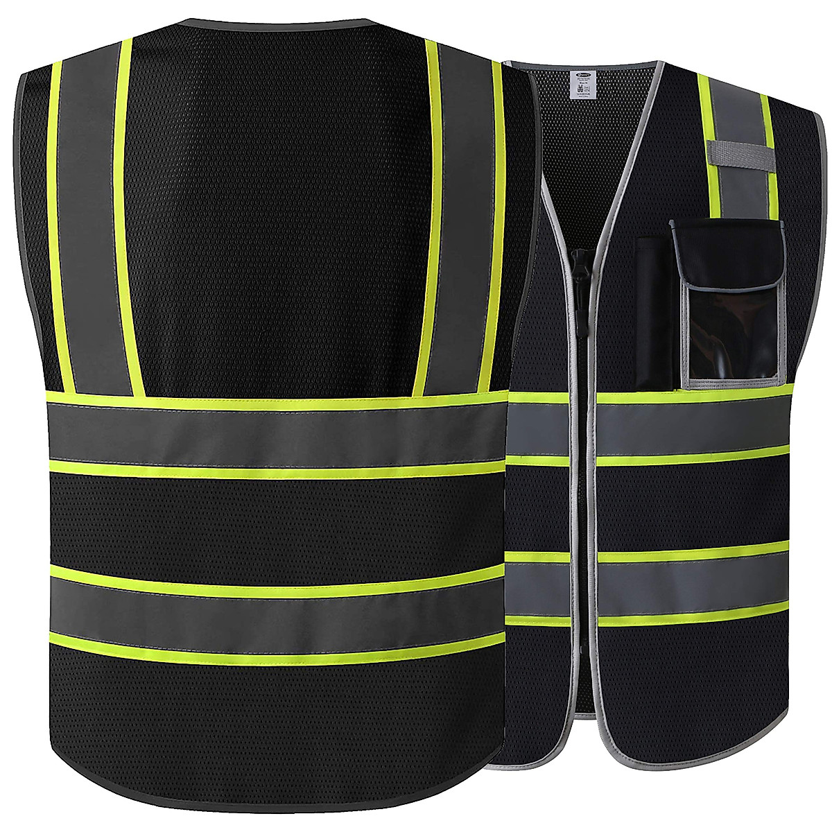JKSafety 3 Pockets High Visibility Zipper Front Safety Vest MESH Lite | Black with Dual Tone High Reflective Strips | Meets ANSI/ISEA Standards (99-Black, X-Large)