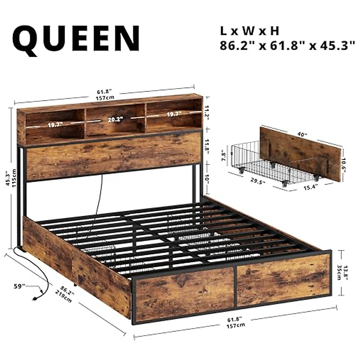 LIKIMIO Queen Bed Frame with Drawers 4 Storage Drawers & Bookcase Headboard & Charging Station, Sturdy and No Noise Platform Bed, No Box Spring Needed, Easy Assembly, Vintage Brown