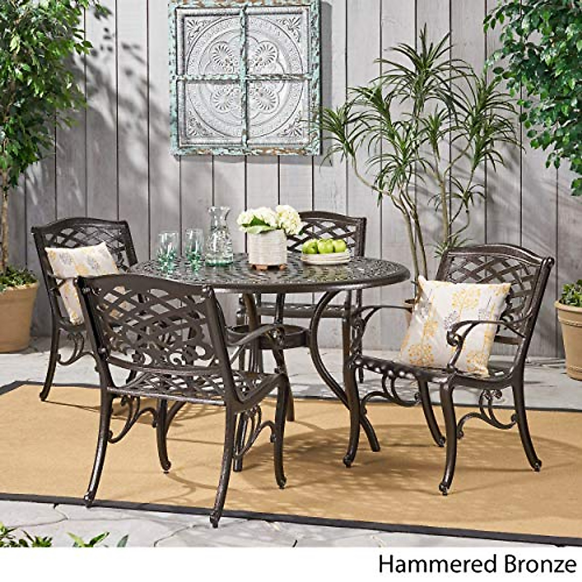 Christopher Knight Home Hallandale Outdoor Cast Aluminum Dining Set for Patio or Deck, 5-Pcs Set, Hammered Bronze