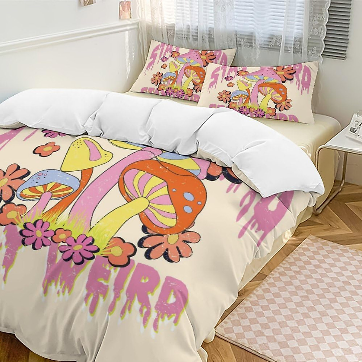 Juoritu Duvet Cover - Soft Duvet Cover Set, 3 Pieces, 1 Duvet Cover 90"x90" with Zipper Closure and 2 Pillow Shams, Comforter Not Included Stay Weird Mushroom