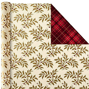 Hallmark Reversible Christmas Wrapping Paper Set with Ribbon and Gift Tag Stickers (Traditional Red and Gold, 3 Rolls of Wrapping Paper and Ribbon)