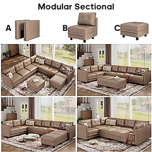LLappuil Modular Sectional Sofa, Oversized U Shaped Sofa with Storage, Sectional Couch for Living Room, Faux Leather Fabric Waterproof Sofa, 8 Seats with Ottoman, Cognac Brown